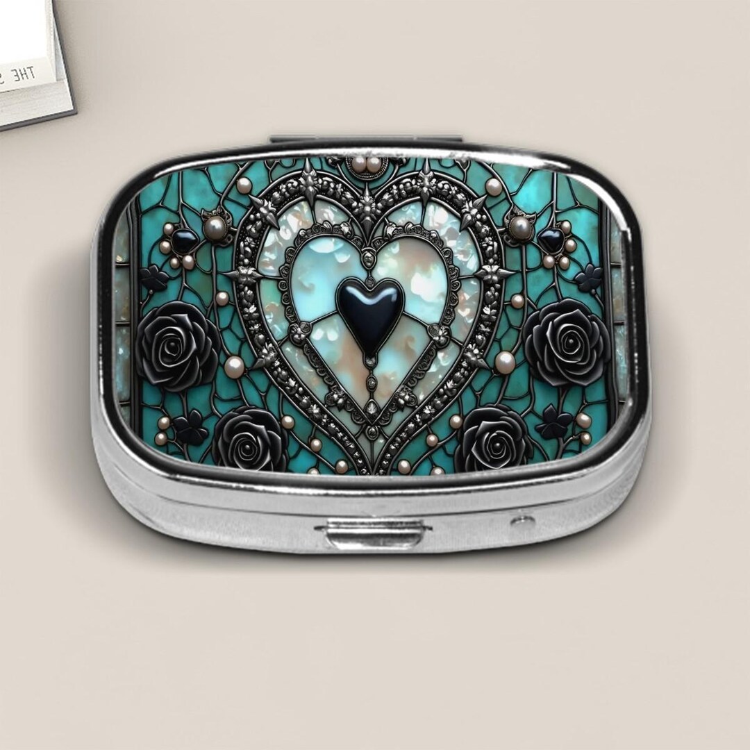 Gothic Stained Glass Style Heart Pill Box – Black Rose & Teal Pearl ...