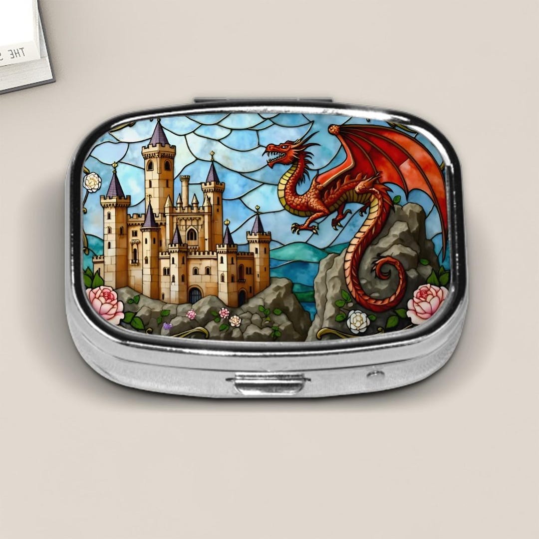 Red Dragon and Castle Pill Box – Stained Glass Style Fantasy Travel ...