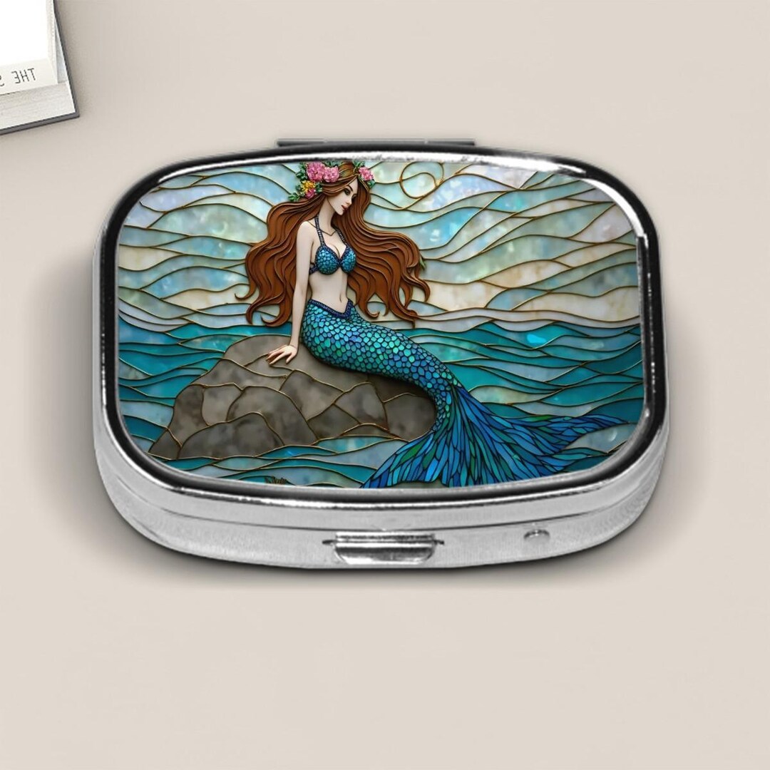 Stained Glass Style Mermaid Pill Box – Iridescent Ocean Design With ...
