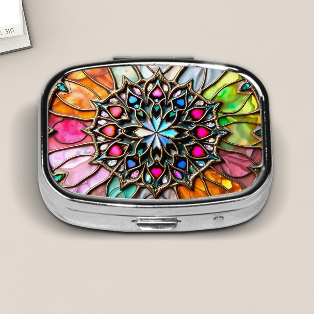 Rainbow Stained Glass Style Pill Box (PRINT) – Vibrant Mandala Travel ...