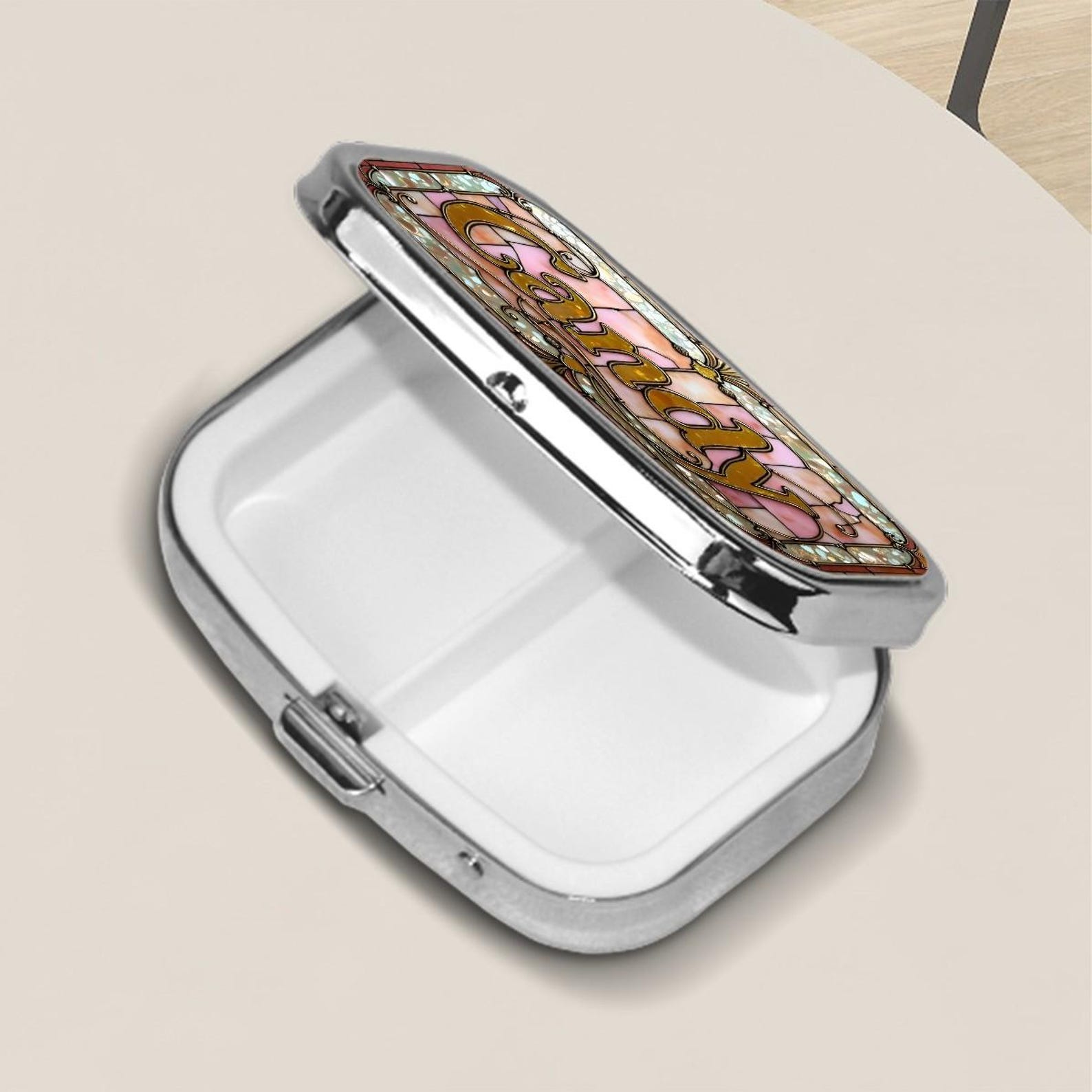 Stained Glass Style (PRINT) Pill Box Pink Vintage Style Metal Case With ...