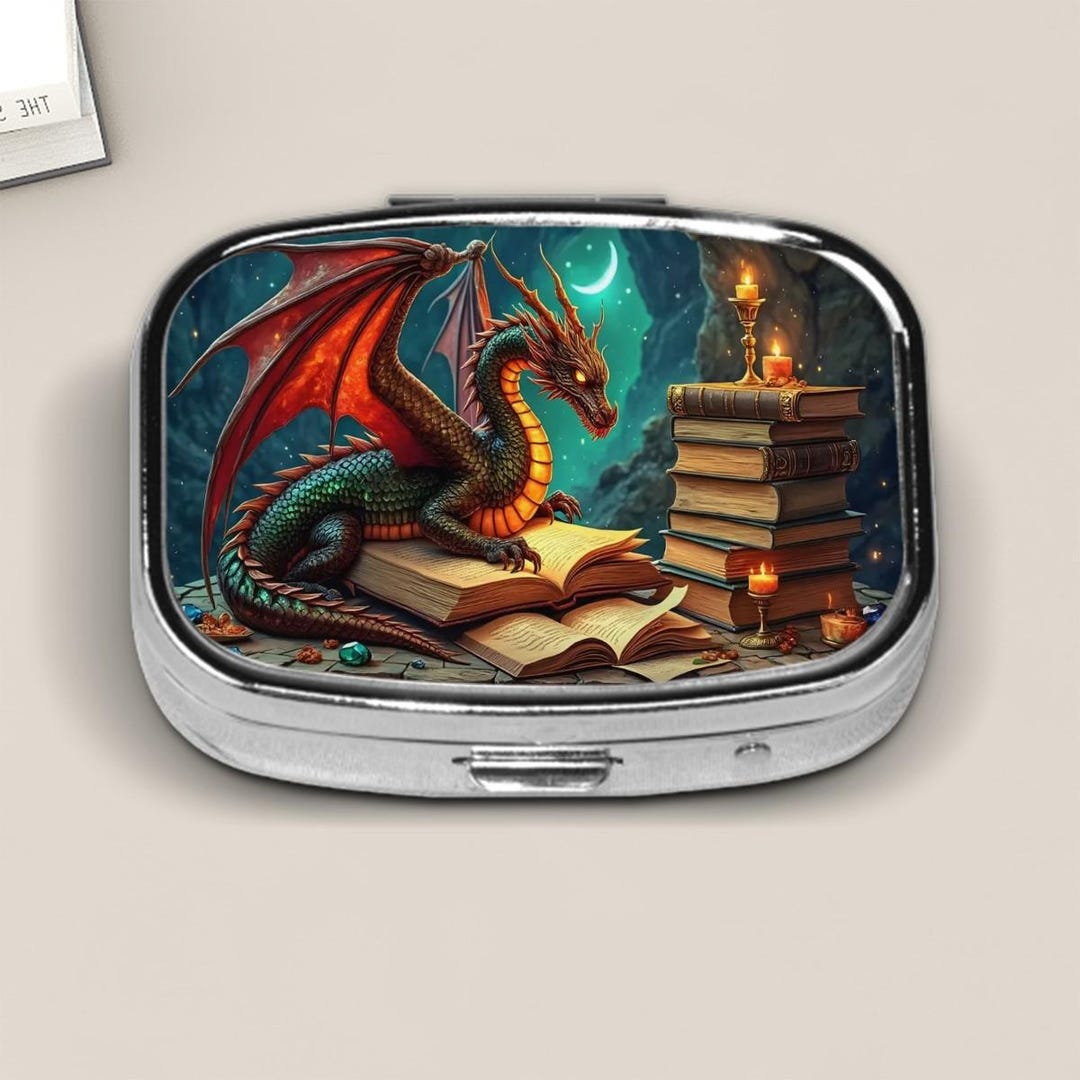Fiery Dragon Pill Box – Fantasy Pill Case With Dragon and Books, Gothic ...