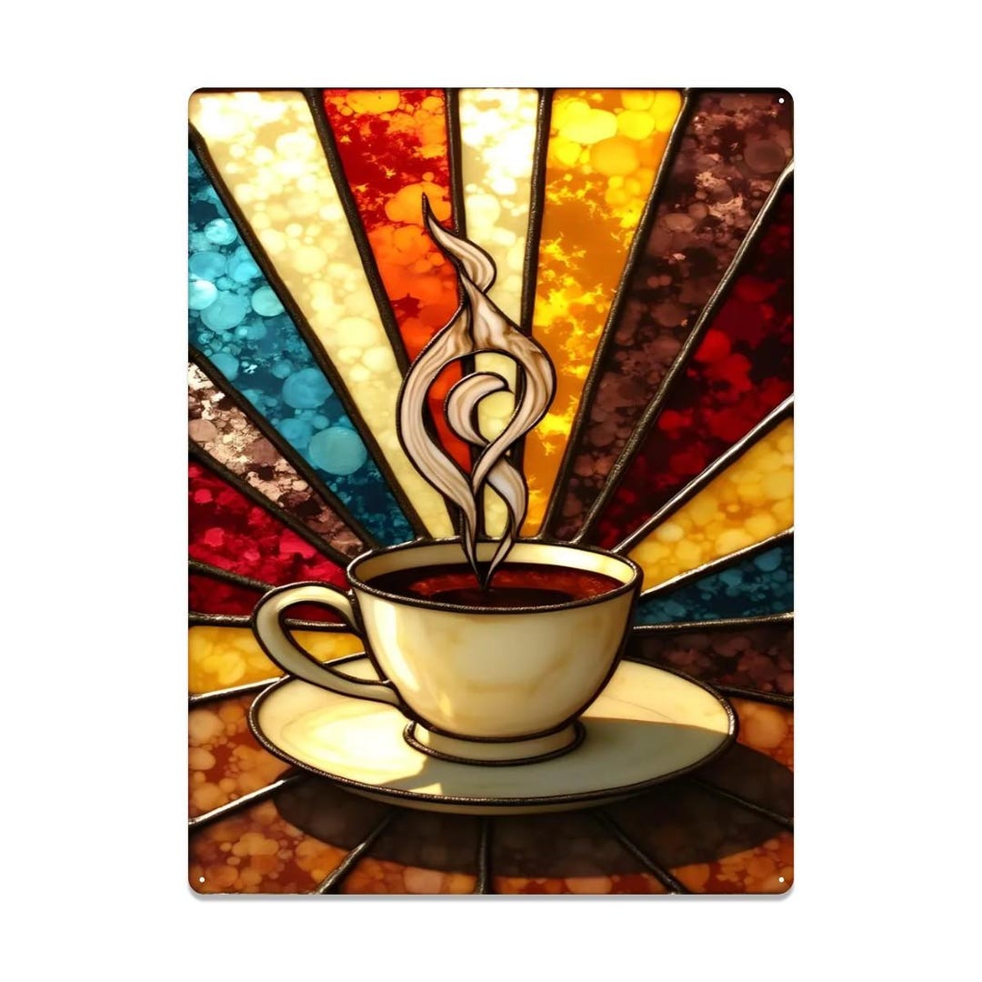 Retro Stained Glass Coffee Cup Tin Sign – Sunburst Wall Art for Café ...