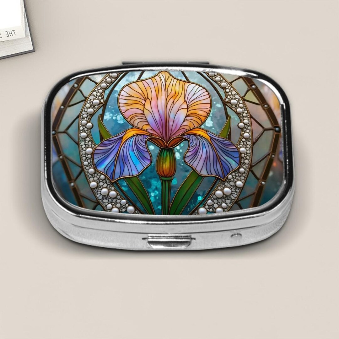 Rainbow Iris Pill Box – Stained Glass Style Floral Design With Pearl ...