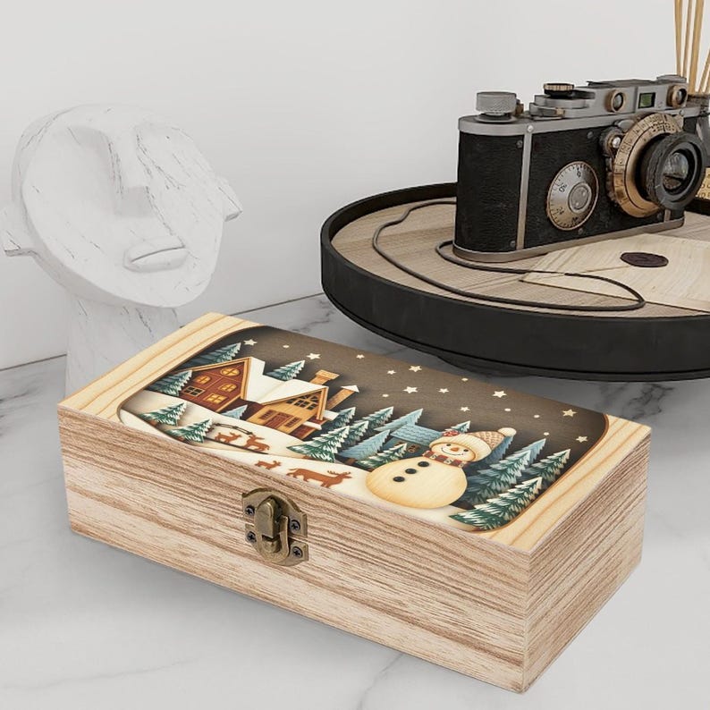 Wooden Christmas Keepsake Box With Snowman and Winter Village Scene ...