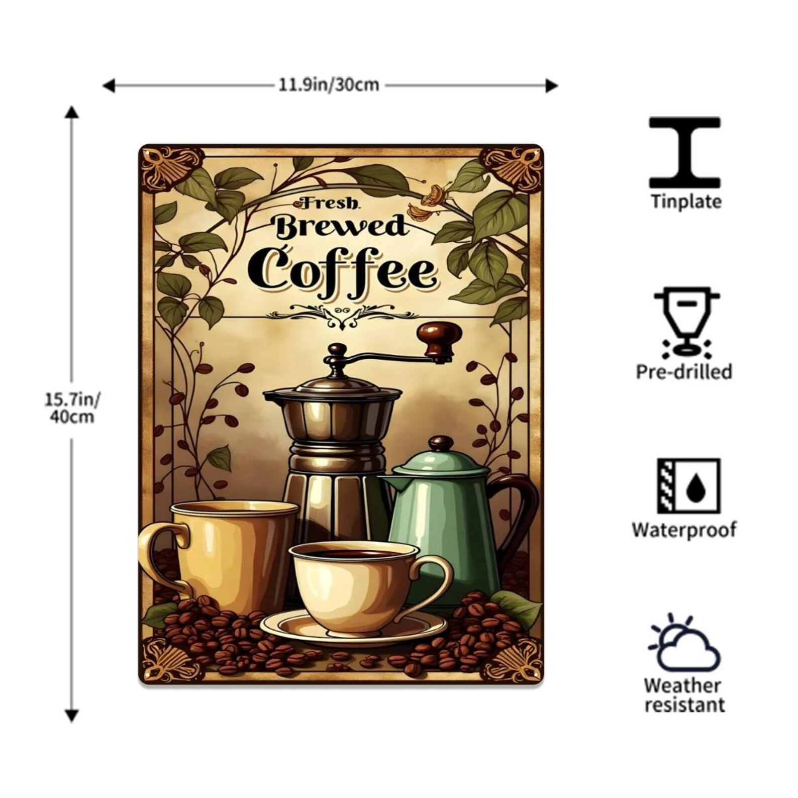 Fresh Brewed Coffee Tin Sign – Vintage Coffee Wall Art With Grinder ...