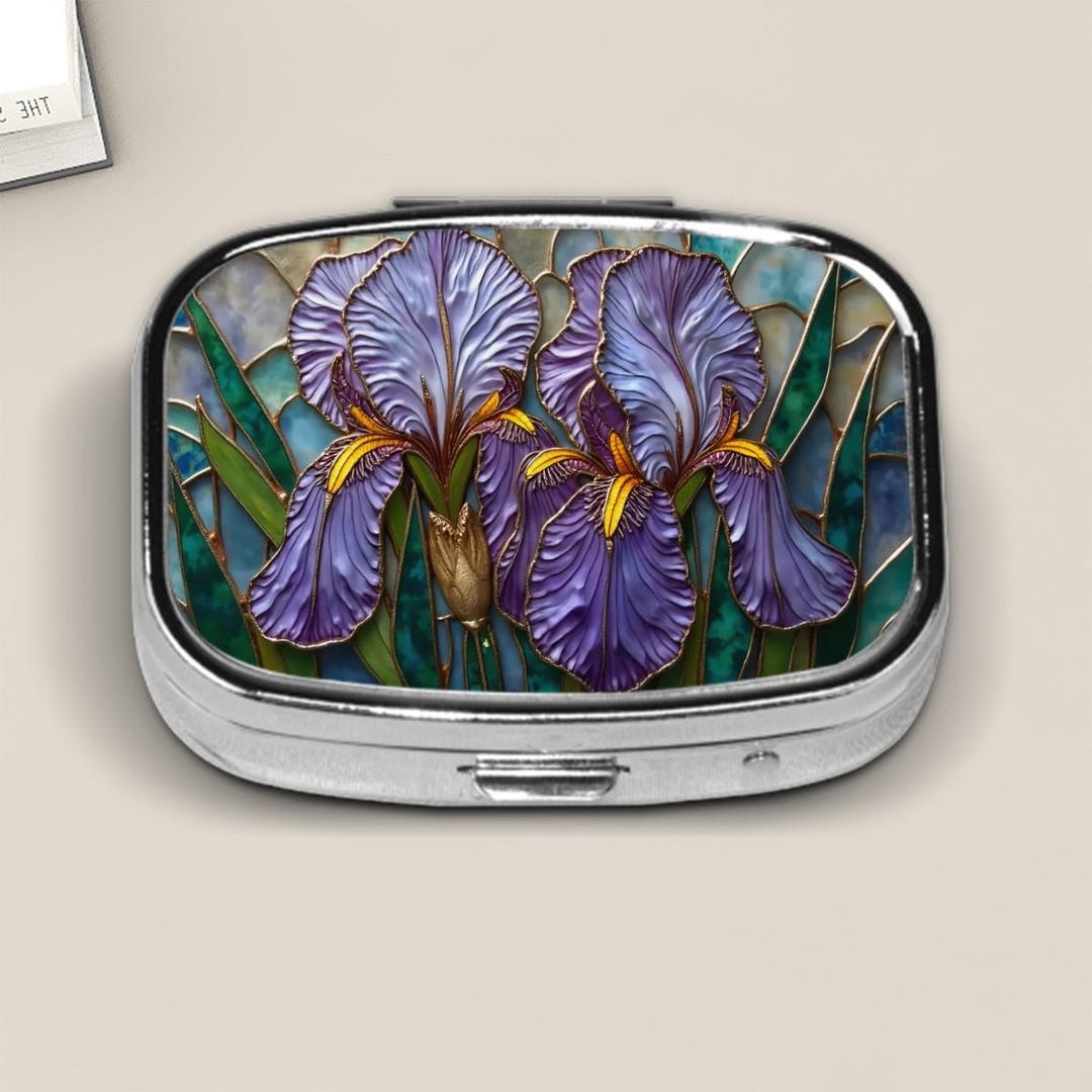 Stained Glass Style (PRINT) Iris Pill Box – Vibrant Floral Metal Case ...