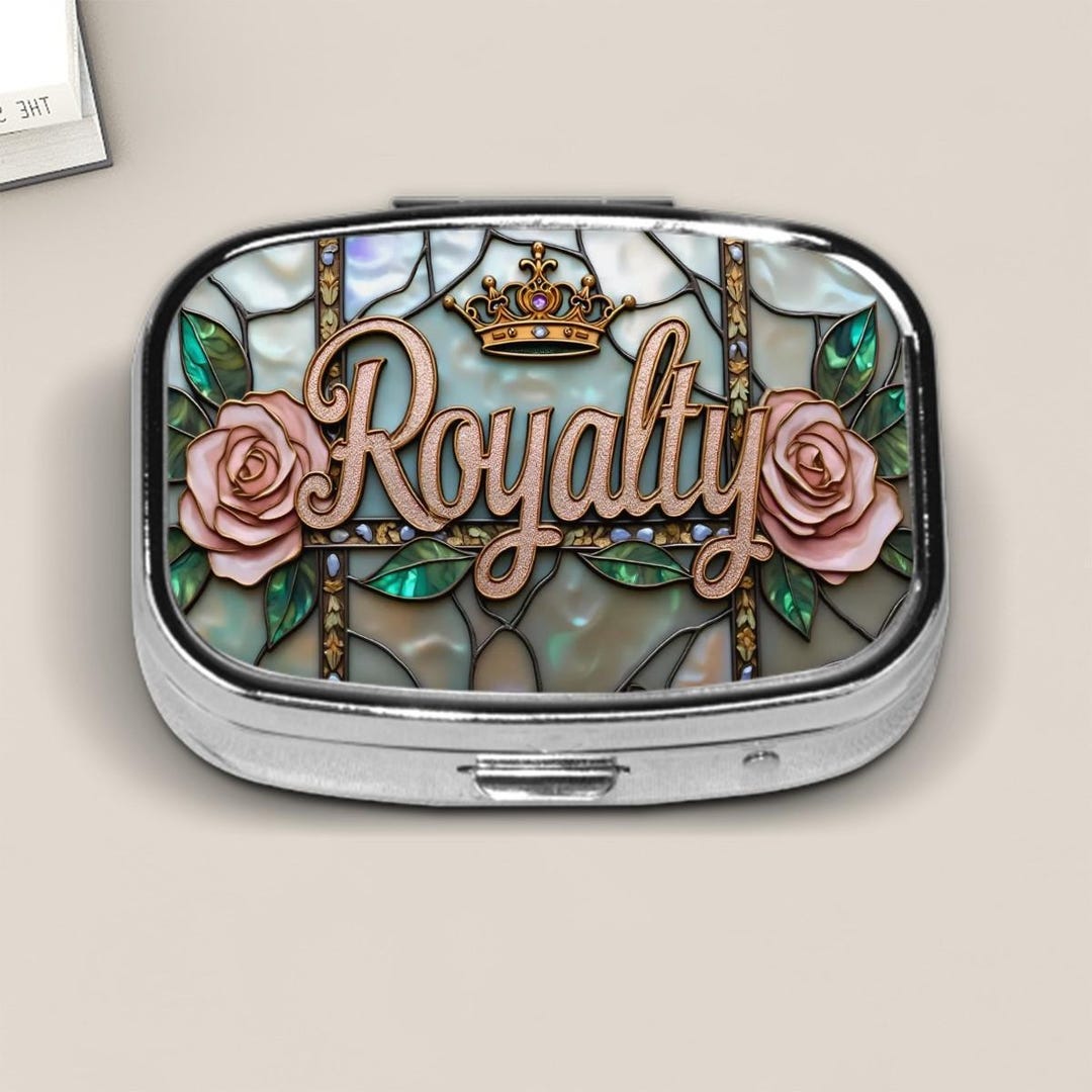 Stained Glass Style “royalty” Pill Box – Rose Gold Crown and Pink Rose ...