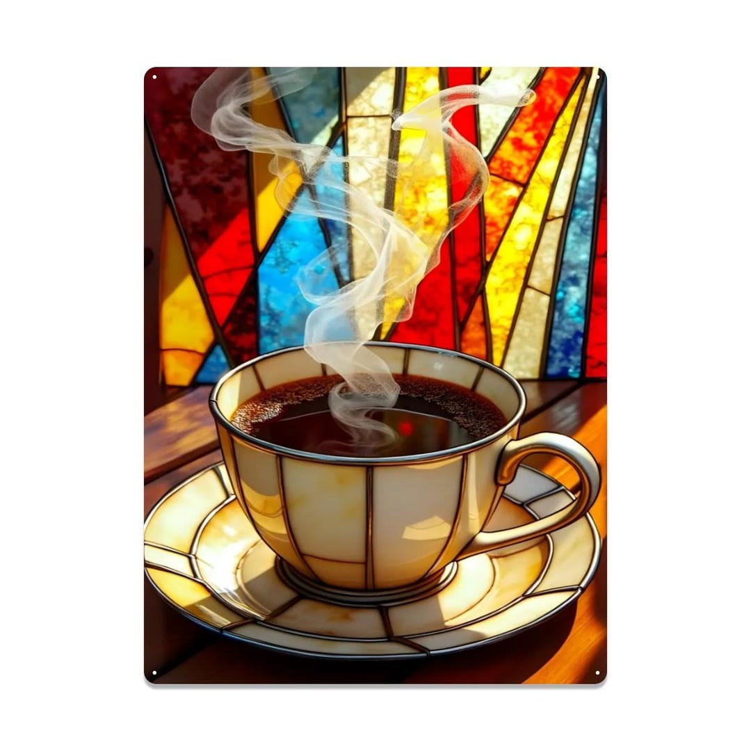 Stained Glass Style Coffee Cup Tin Sign – Vintage Style Wall Art With ...