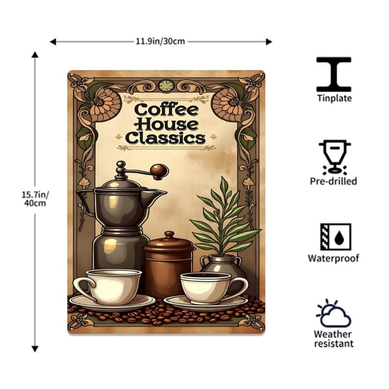 Vintage Coffee House Classics Tin Sign – Rustic Coffee Bar Wall Art ...