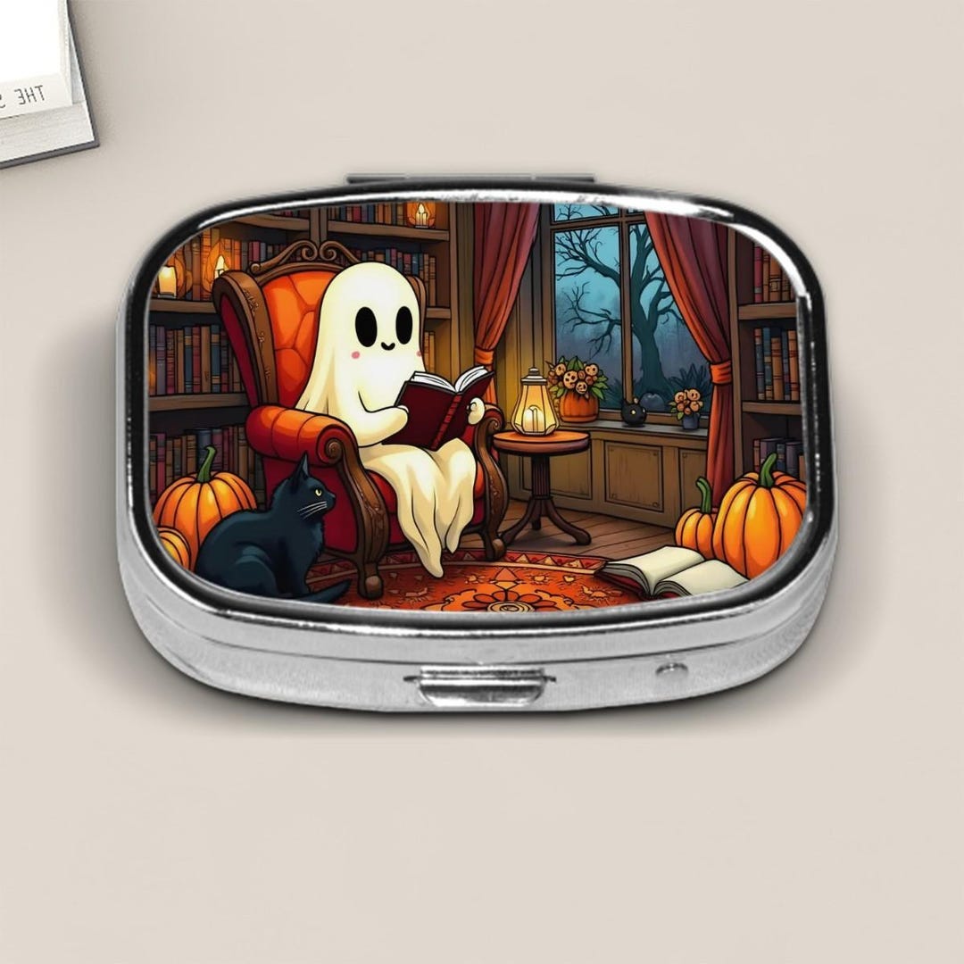 Cute Ghost Reading Pill Box – Cozy Halloween Pill Case With Black Cat ...