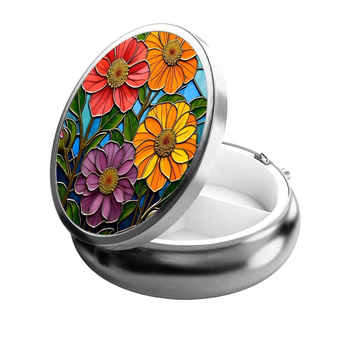 Stained Glass Style Wildflower Pill Box – Round Silver Pocket Pill Case ...