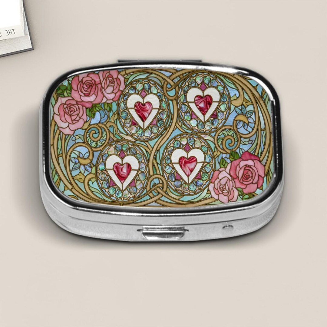 Romantic Art Nouveau Heart and Rose Pill Box – Vintage Stained Glass ...