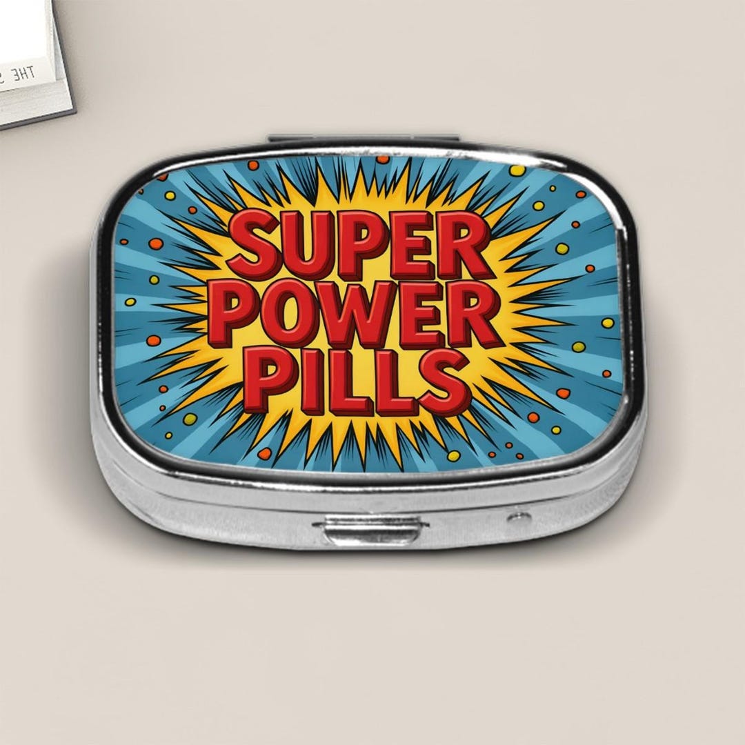Super Power Pills Comic Style Pill Box – Funny Vitamin Case, Bold Pop ...