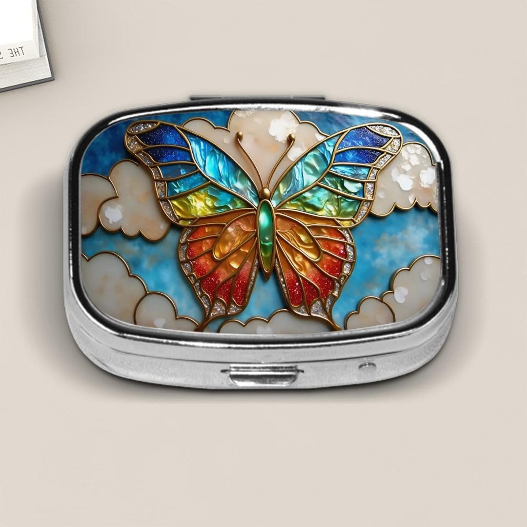 Rainbow Butterfly Pill Box Stained Glass Style With Cloudy Sky ...