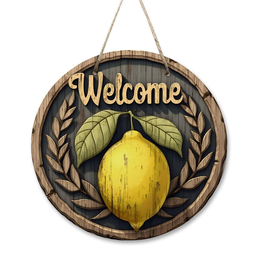 Rustic Style Lemon Welcome Sign – Round Wooden Door Hanger With Laurel ...