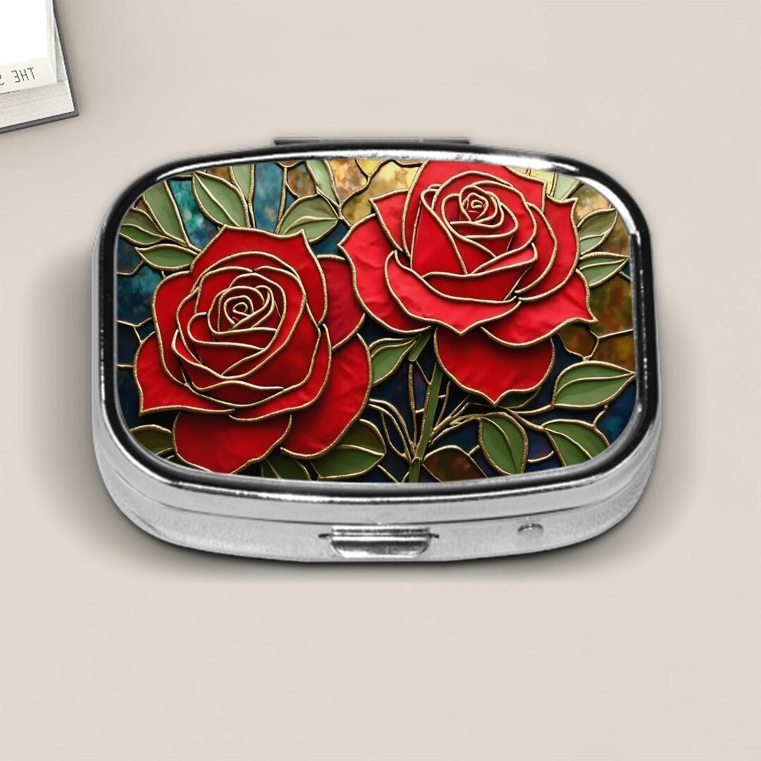Stained Glass Style Red Rose Pill Box – (PRINT) Floral Metal Case ...
