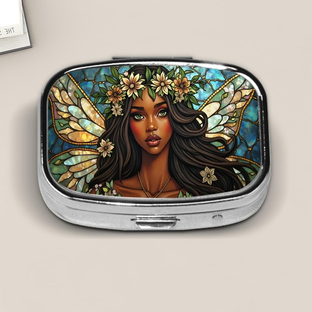 Stained Glass Style Black Fairy Pill Box – Floral Crown Fairy With ...