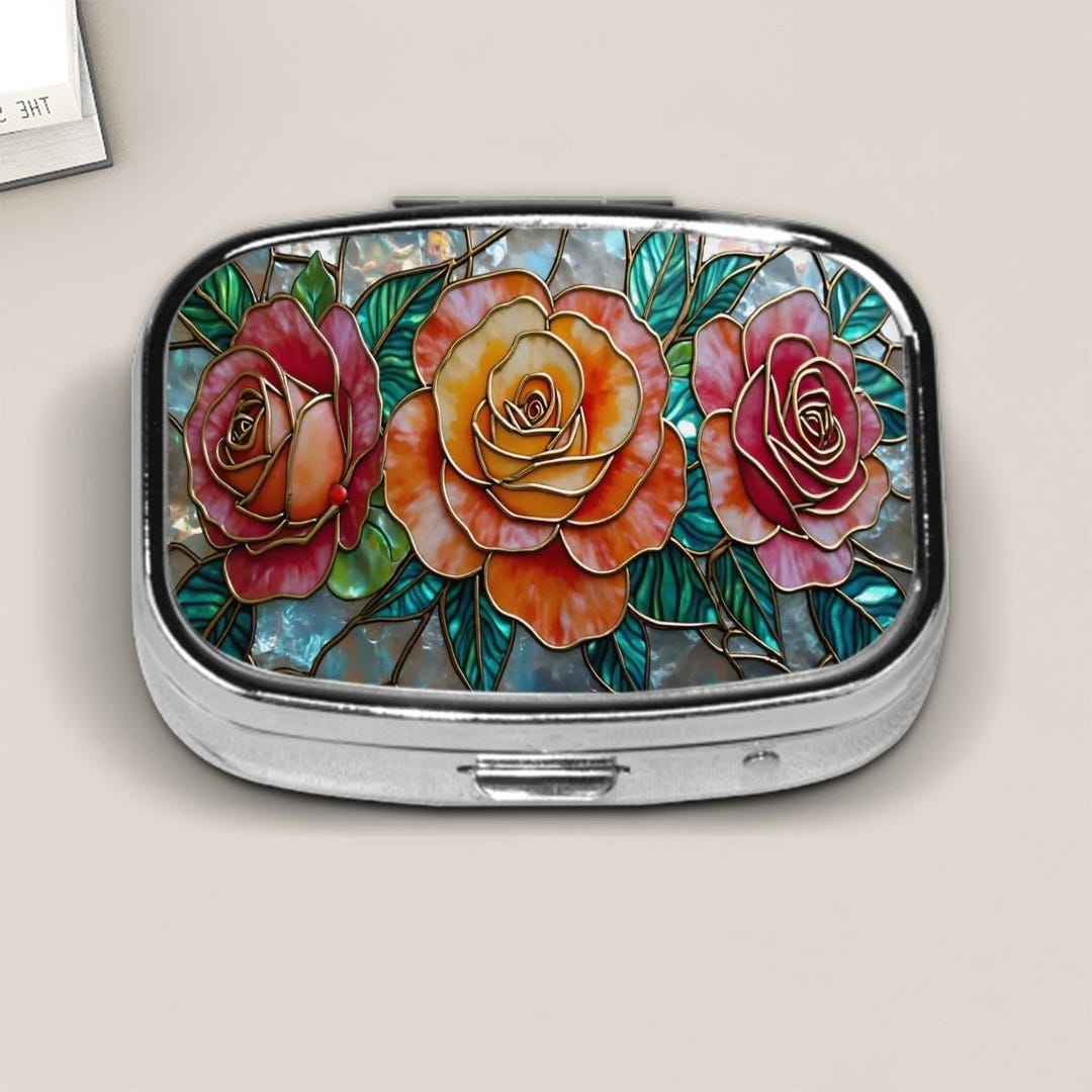 Stained Glass Style Rose Pill Box – Elegant Red and Orange Floral ...