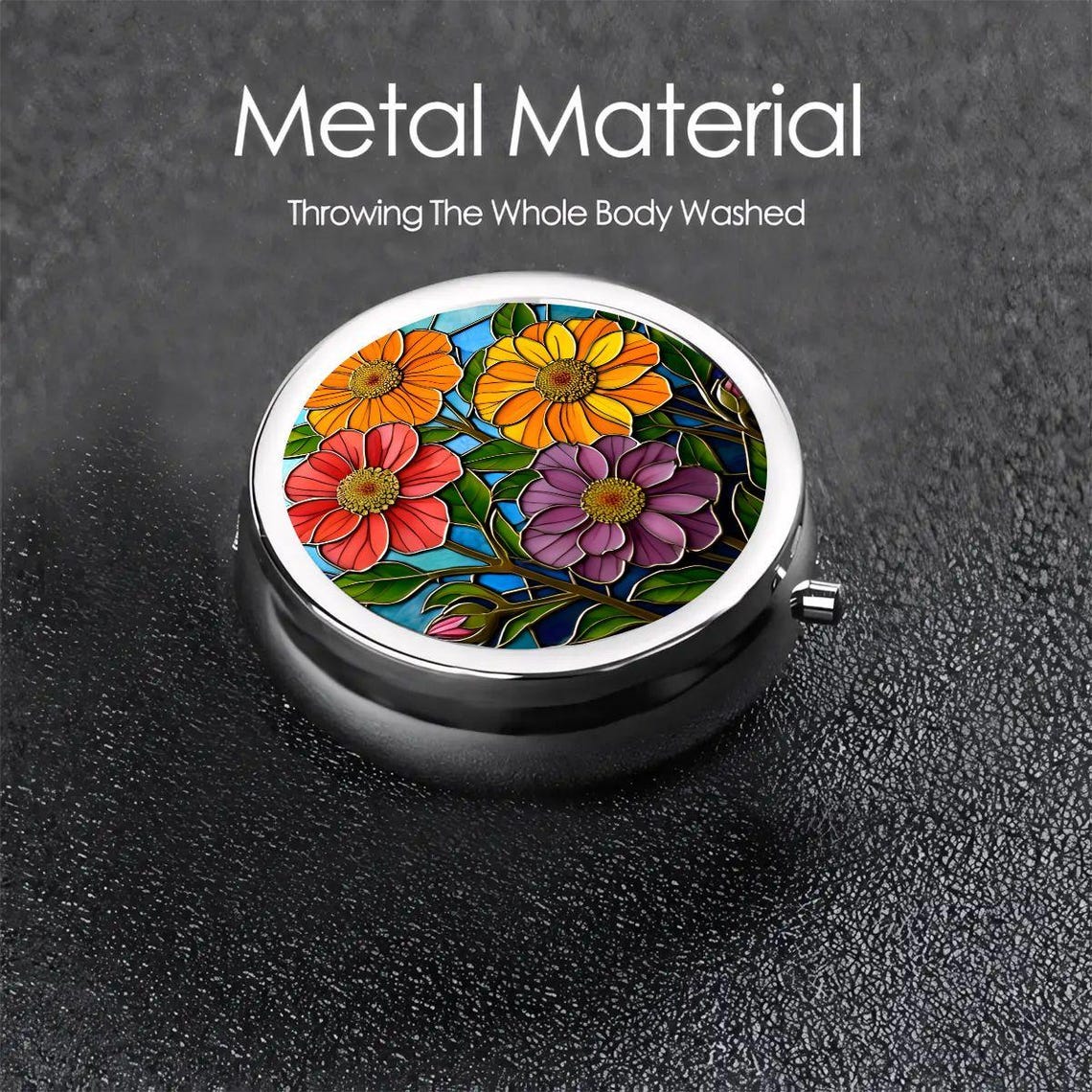 Stained Glass Style Wildflower Pill Box – Round Silver Pocket Pill Case ...