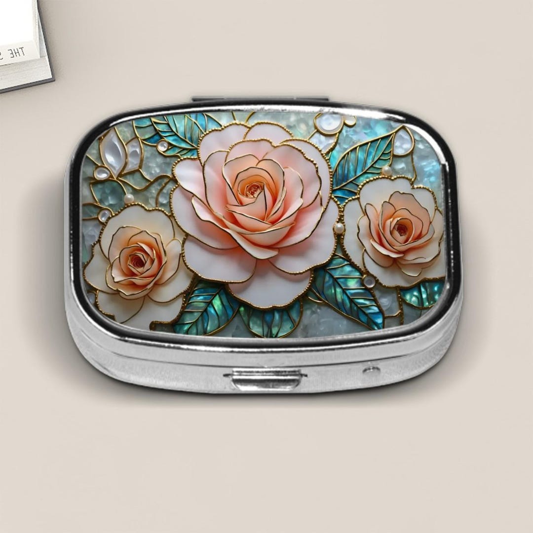 Blush Rose Pill Box – Stained Glass Style Floral Design With Gold ...