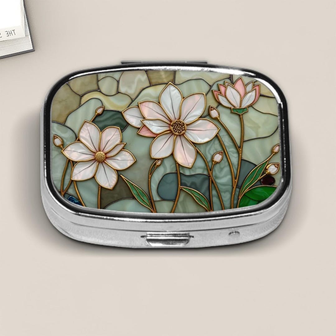 Lotus Stained Glass Style (PRINT) Pill Box – Botanical Metal Pill Case ...