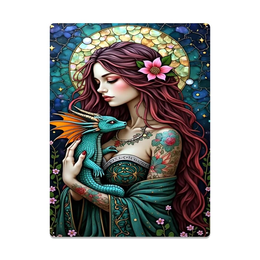 Mystical Woman With Baby Dragon Tin Sign Wall Art (PRINT) Fantasy ...