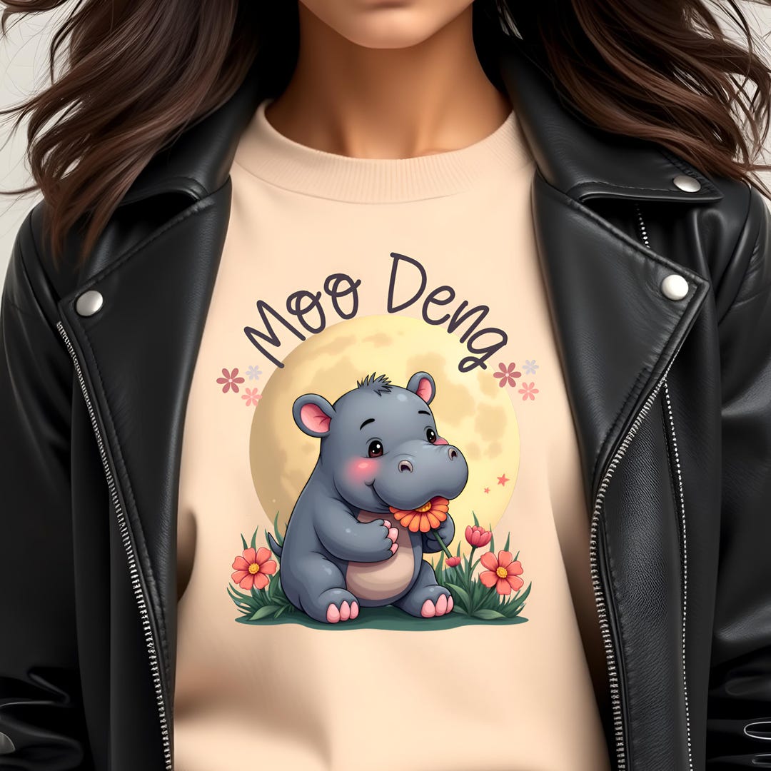 Moo Deng Baby Hippo Eating a Flower Under the Moon Unisex Sweatshirt - Etsy