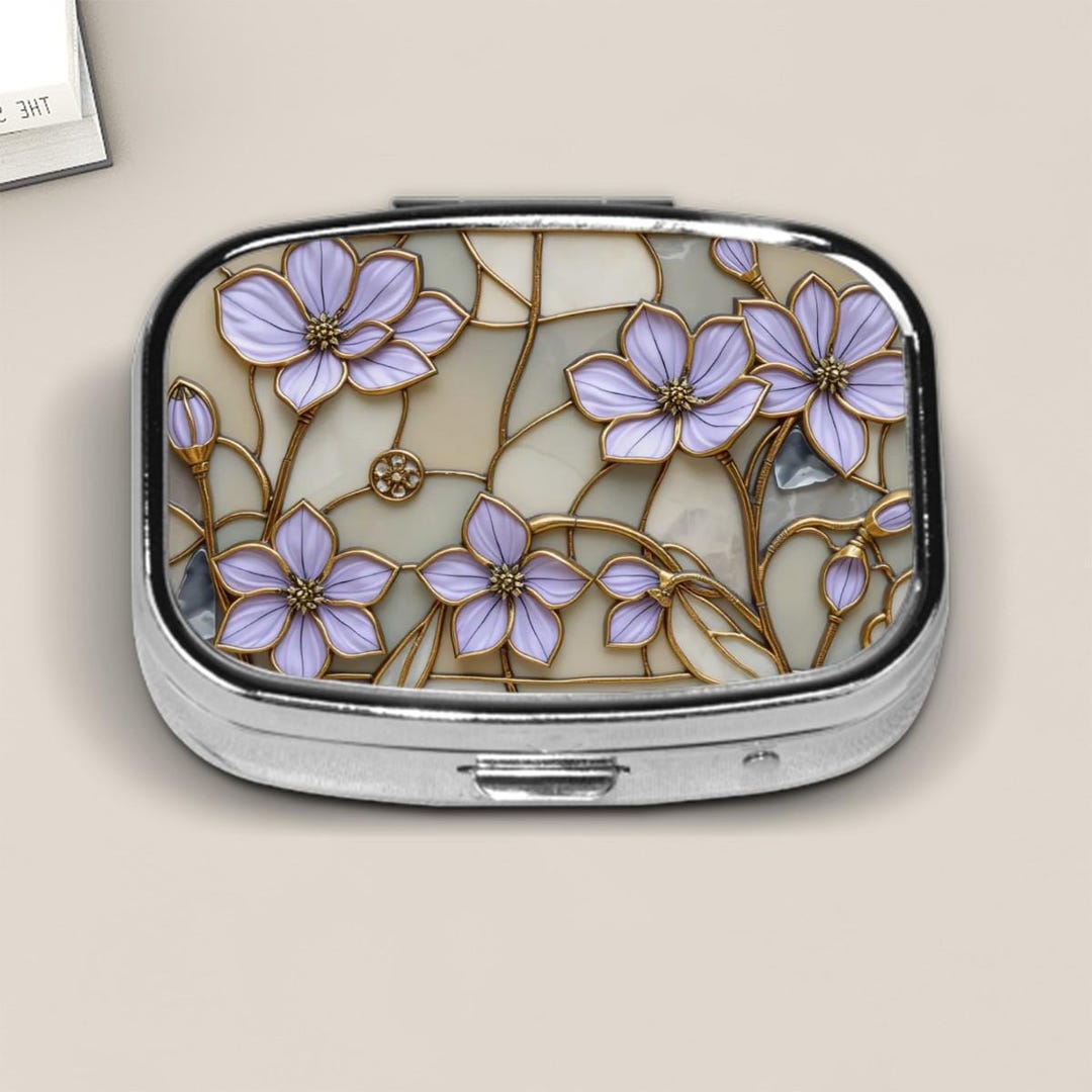Purple Flower Stained Glass Style (PRINT) Pill Box – Botanical Metal ...