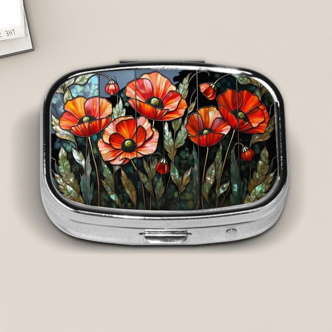 Boxpoppy Flower Pill Box – Stained Glass Style Red Floral Pill Case ...