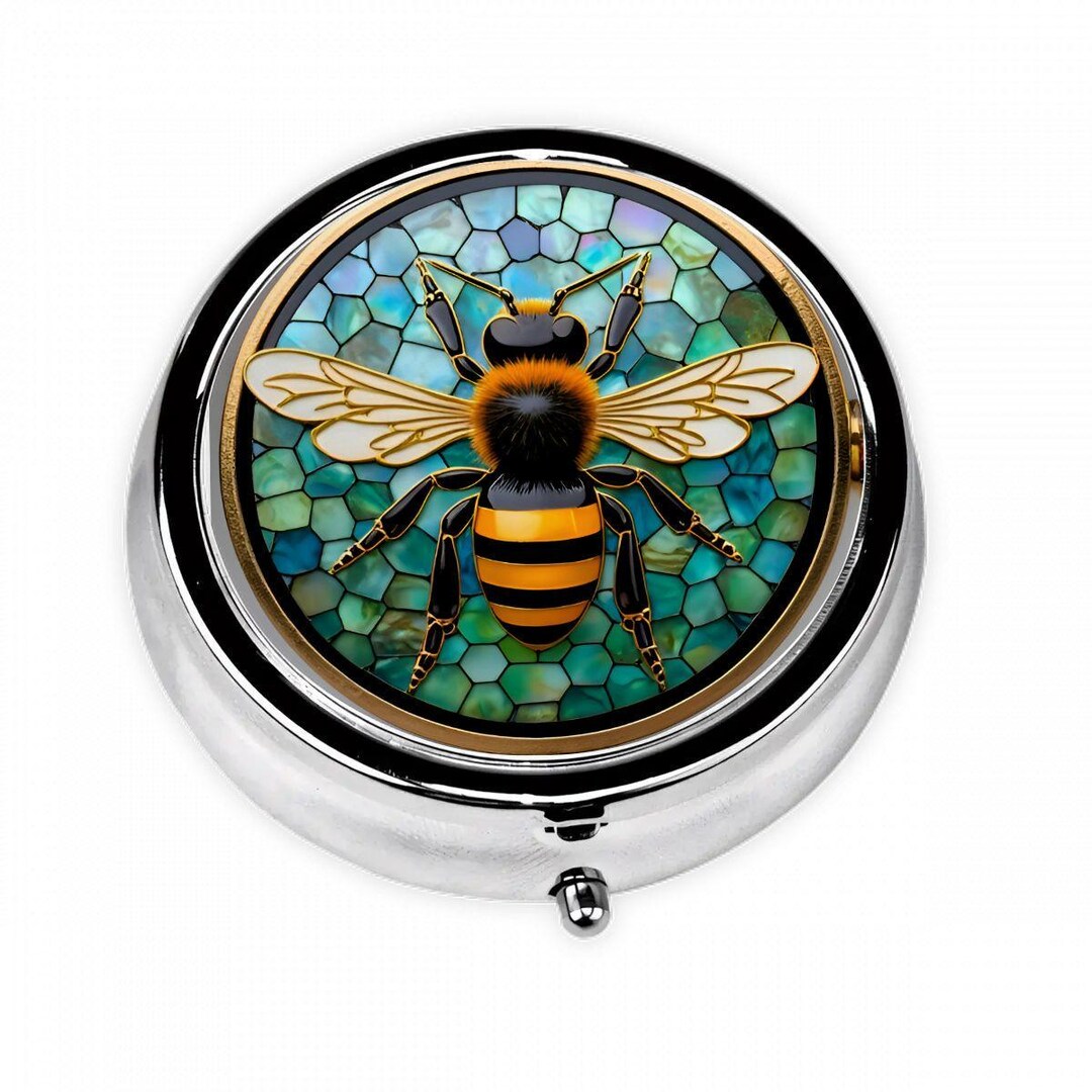 Teal Bee Stained Glass Style Pill Box – Vibrant Mosaic Travel Pill Case ...
