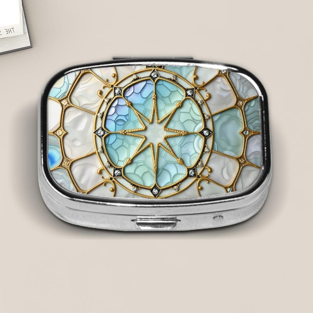 Stained Glass Style Star Pill Box – Iridescent Aqua and Pearl Mandala ...
