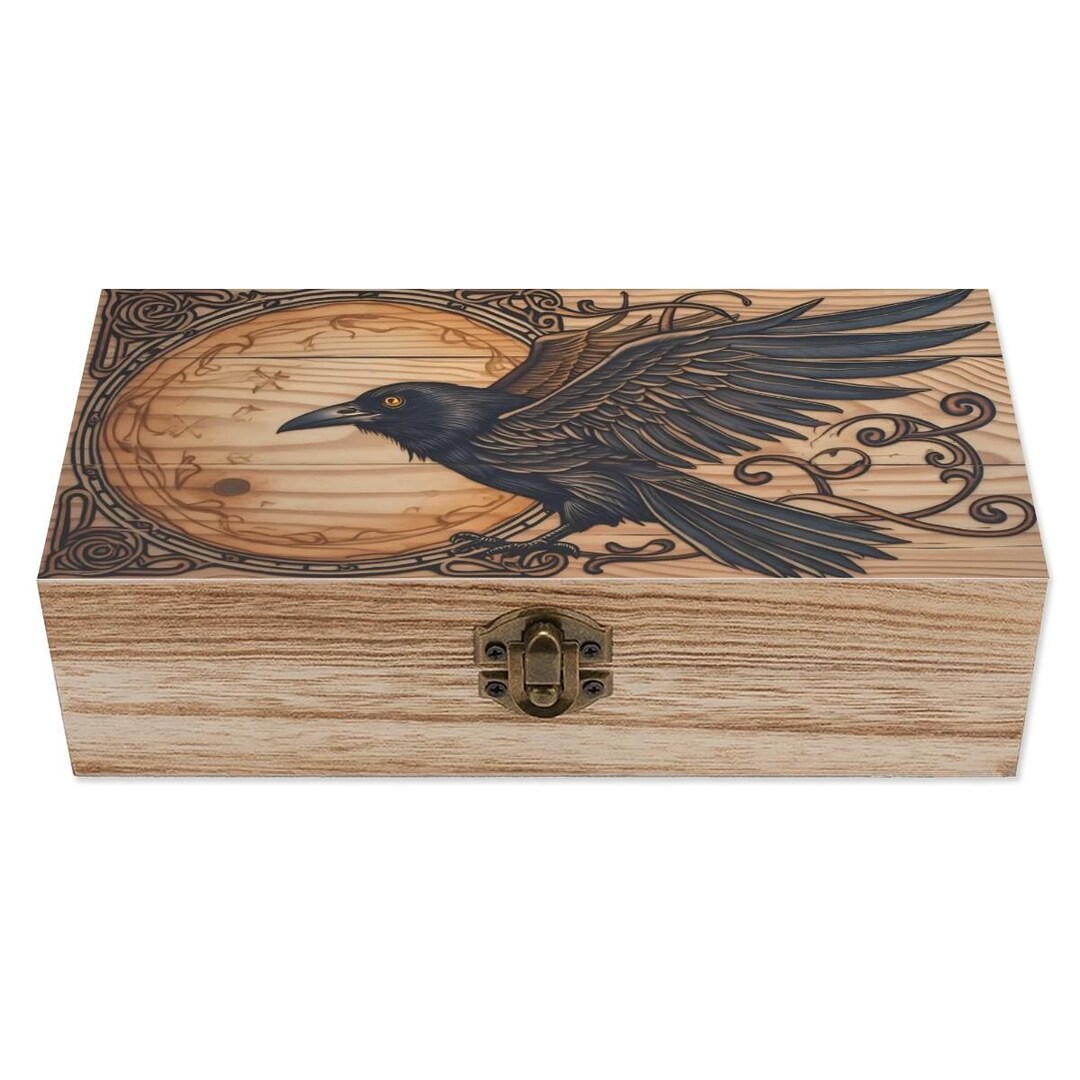 Raven Moon Wood Box – Gothic Crow With Outstretched Wings, Witchy ...