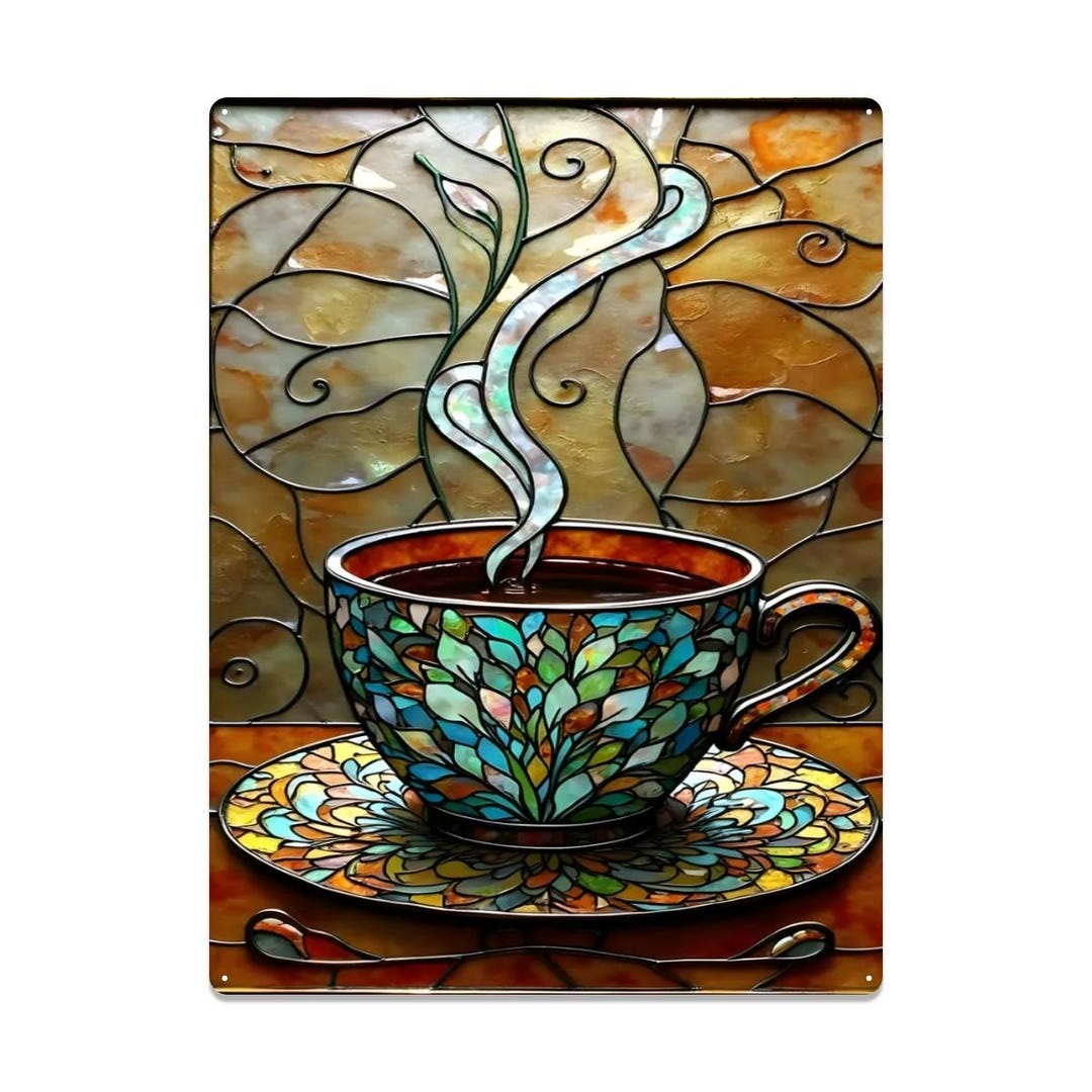 Boho Stained Glass Style Coffee Tin Sign – Leafy Patterned Teacup Wall ...