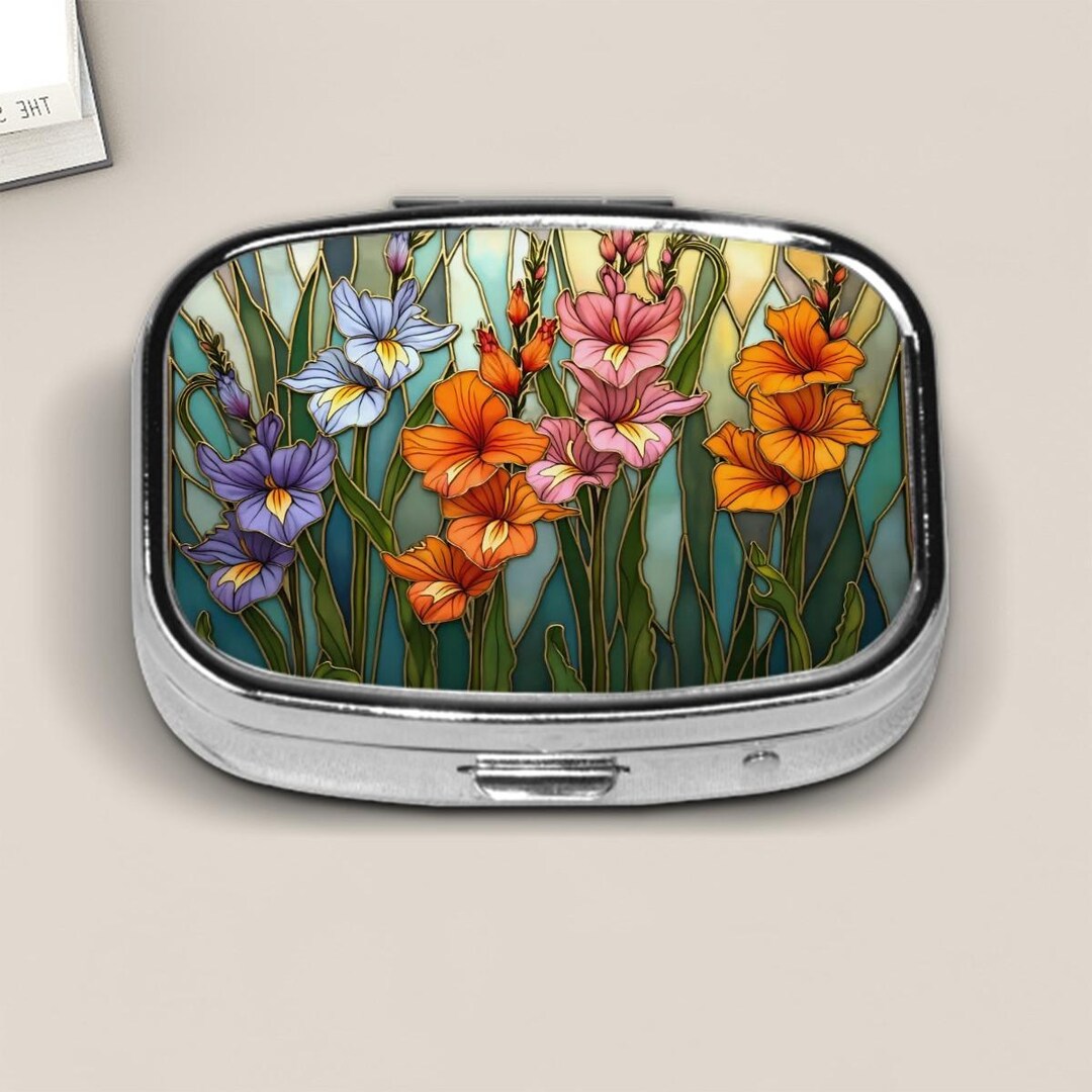 Stained Glass Style Gladiolus Pill Box – Colorful Tall Flower Travel ...