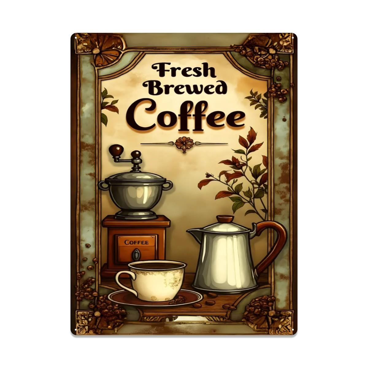 Fresh Brewed Coffee Tin Sign – Vintage Coffee Wall Art With Grinder ...