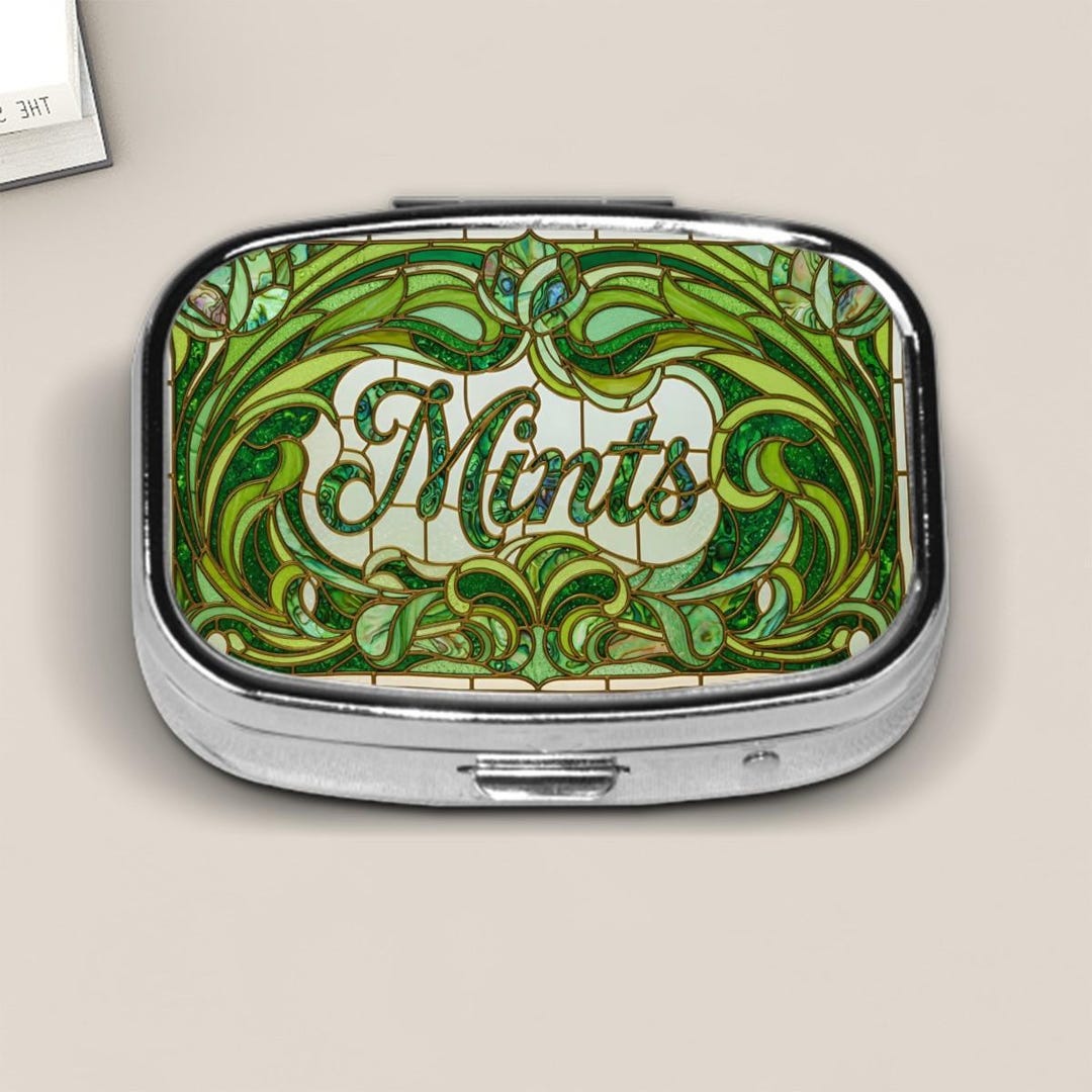 Stained Glass Style (PRINT) Mints Pill Box – Art Nouveau Green and Gold ...