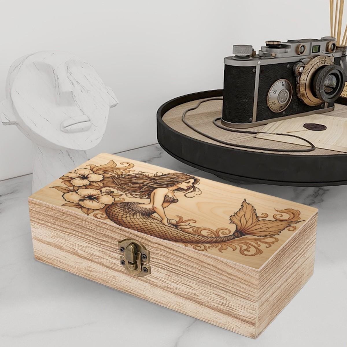 Mermaid Wood Keepsake Box – Floral Pyrography Style Design, Ocean ...