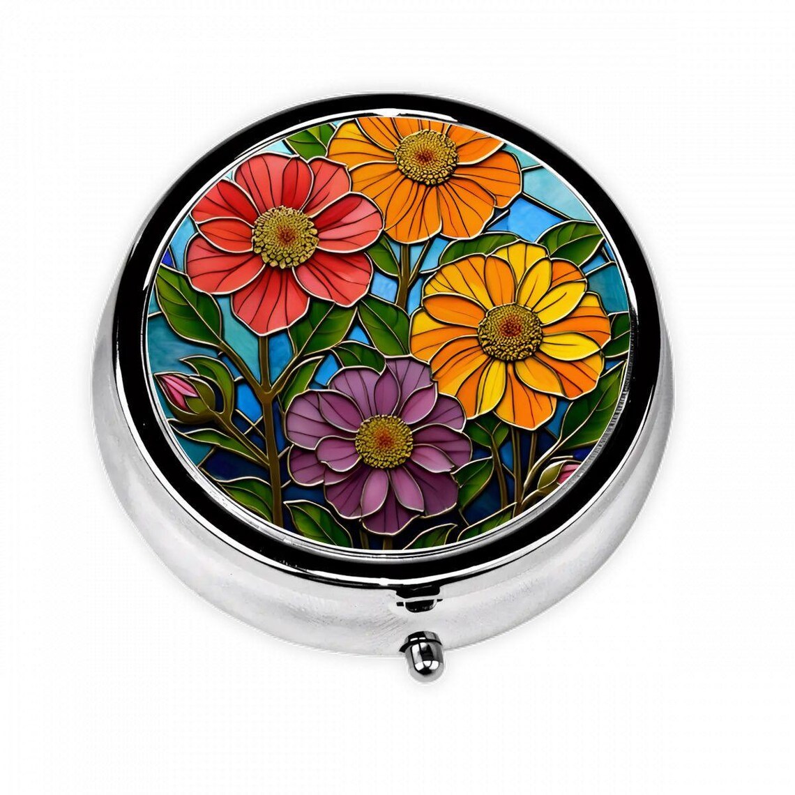 Stained Glass Style Wildflower Pill Box – Round Silver Pocket Pill Case ...