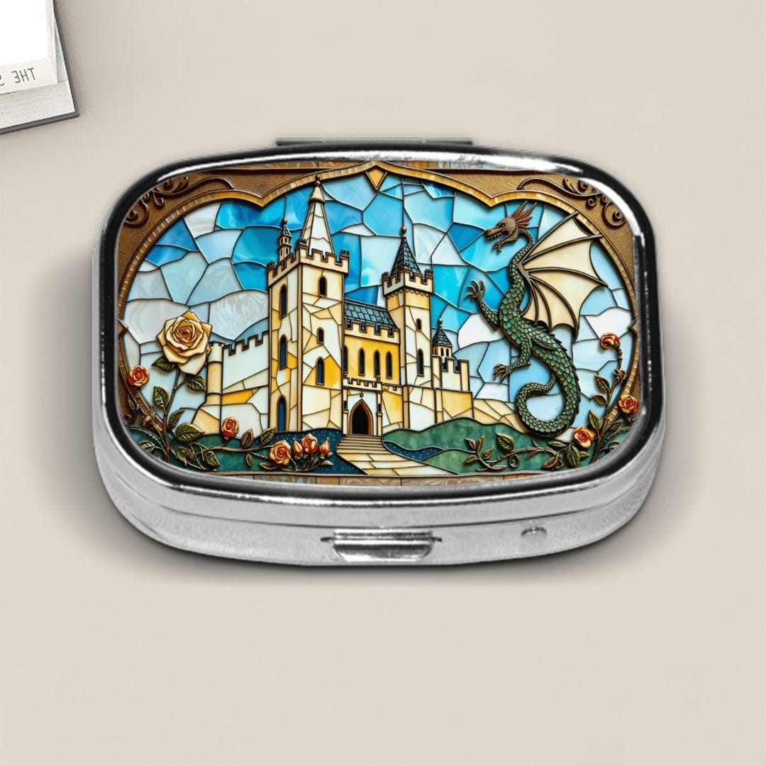 Stained Glass Style Castle and Dragon Pill Box – Fantasy Fairytale ...