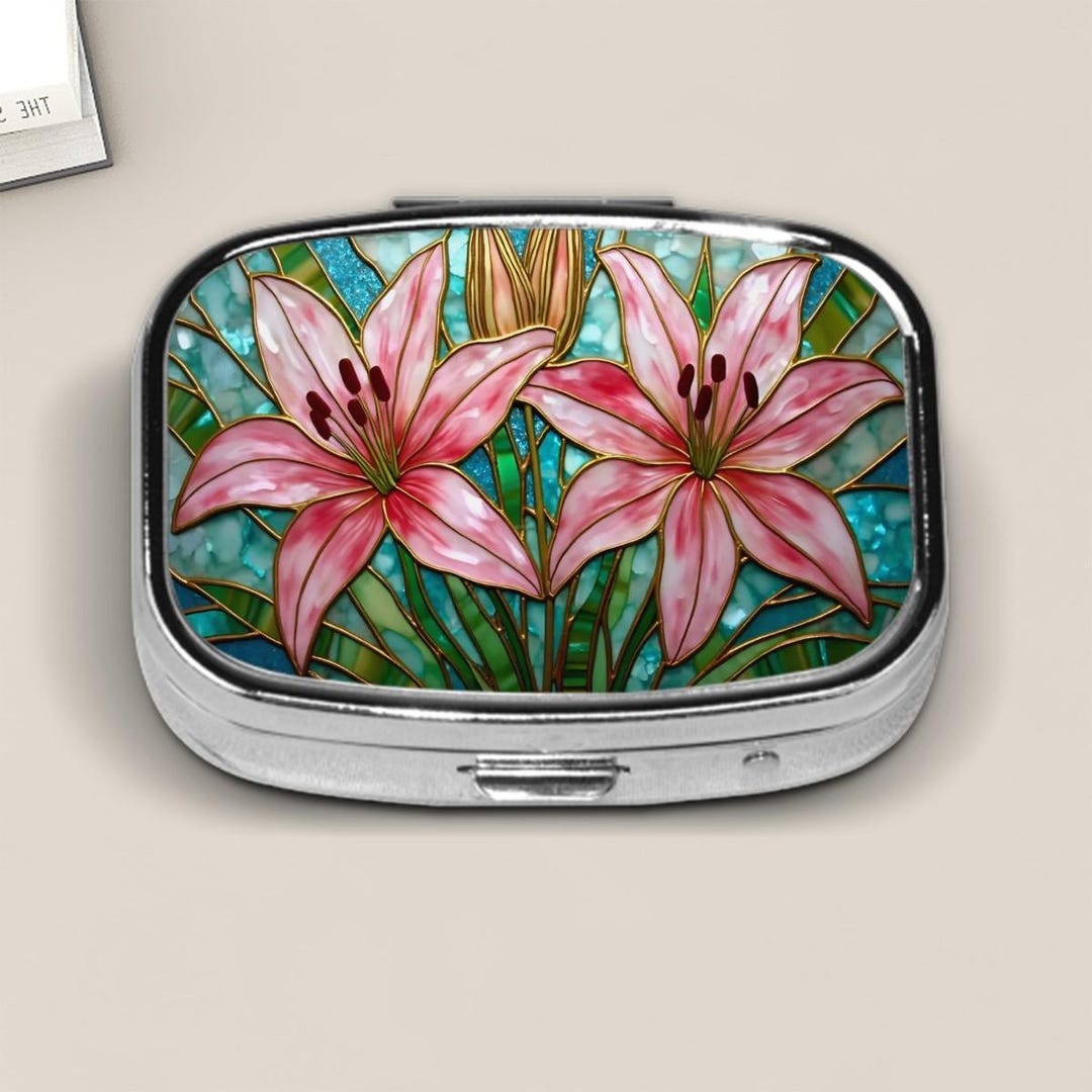 Stained Glass Style Pink Lily Pill Box – Floral Travel Pill Case, Small ...