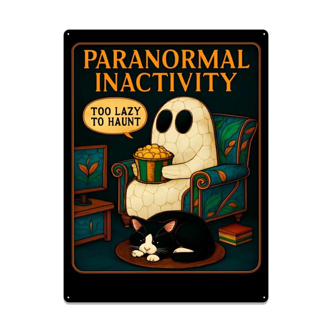 Paranormal Inactivity Tin Sign – Funny Ghost Wall Art With Cat – Lazy ...