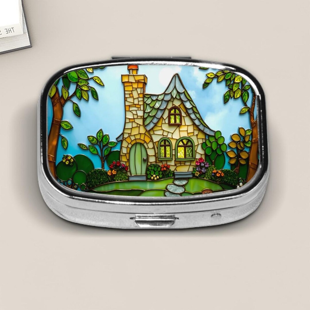 Sunny Cottage Stained Glass Style Pill Box – Whimsical Fairytale House ...