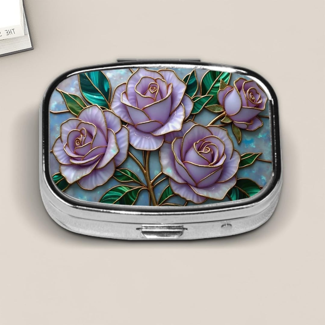 Stained Glass Style Lavender Rose Pill Box – Elegant Floral Metal Case ...