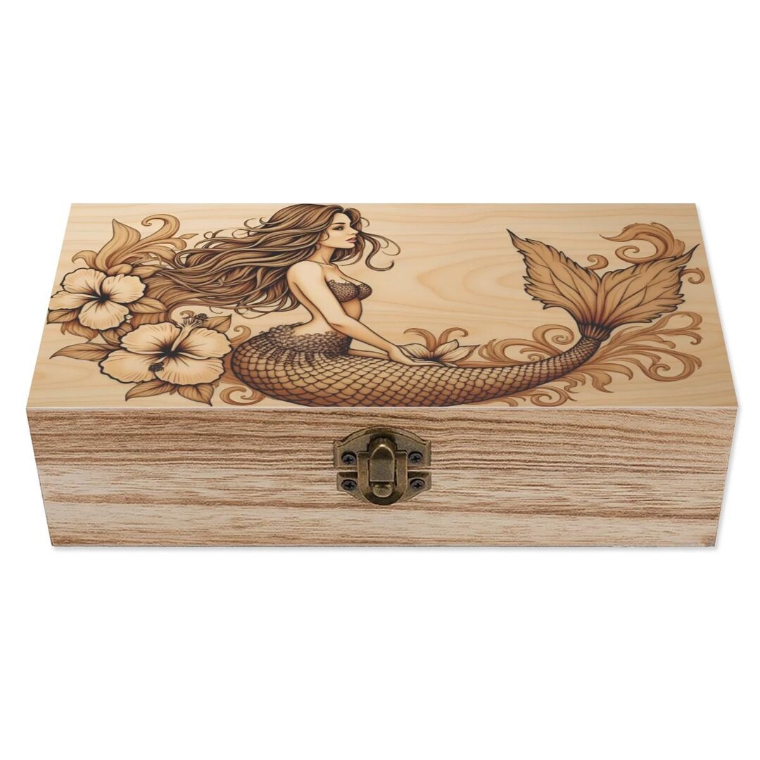 Mermaid Wood Keepsake Box – Floral Pyrography Style Design, Ocean ...