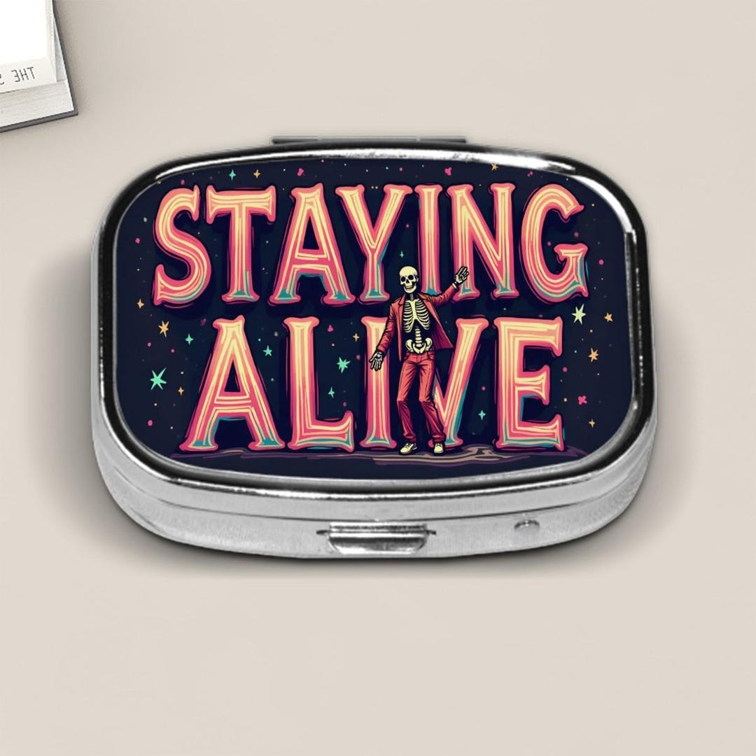 Staying Alive Retro Skeleton Pill Box – Funny Disco Pill Case, 70s ...