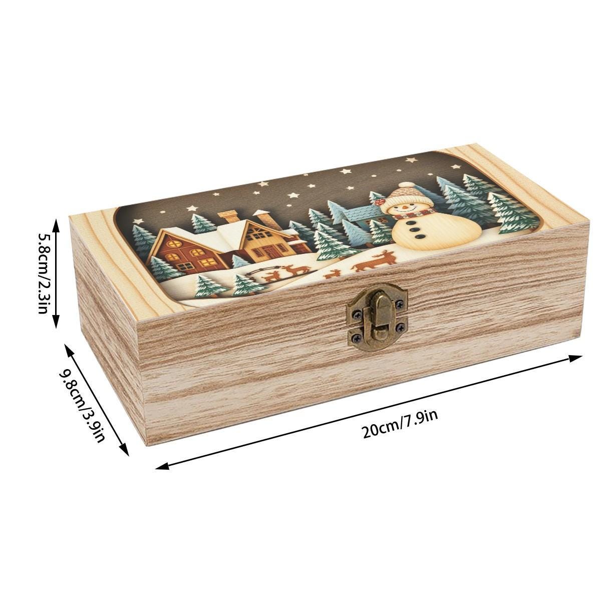 Wooden Christmas Keepsake Box With Snowman and Winter Village Scene ...