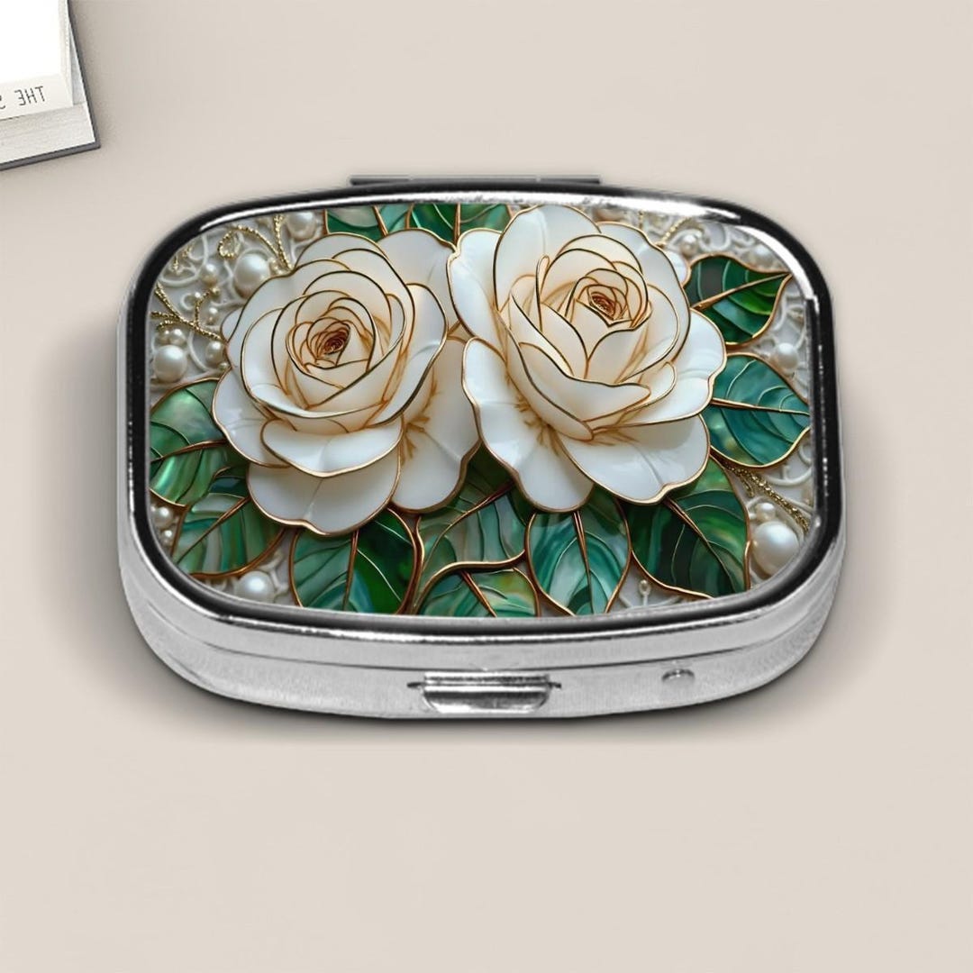 Elegant White Rose Pill Box – Stained Glass Style (PRINT) Floral Design ...