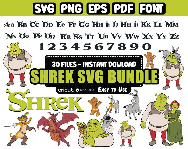 Shrek Svg Bundle, Shrek Font, Clipart for Cricut, High Quality Shrek ...