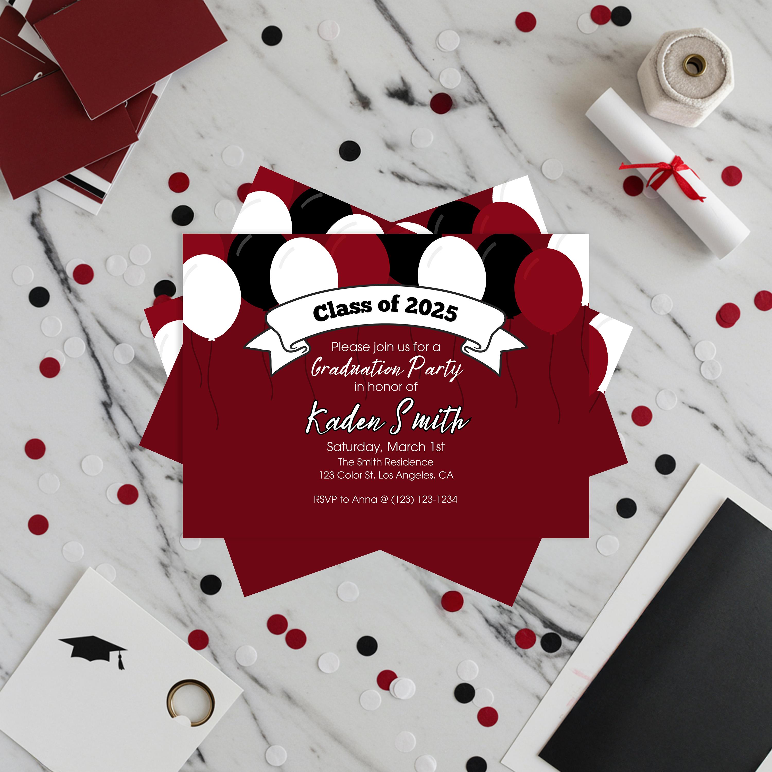Editable Dark Red and Black Graduation Invitation | Class of 2025 Party ...